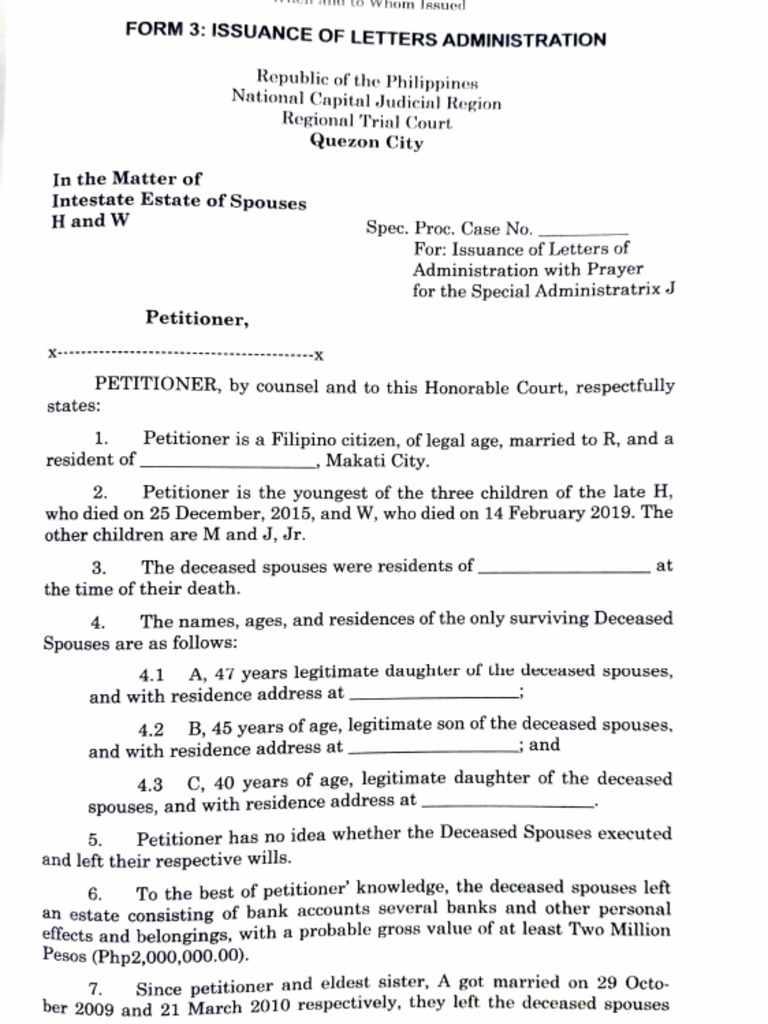 Petition For Issuance of Letter of Administration | PDF | Private Law ...