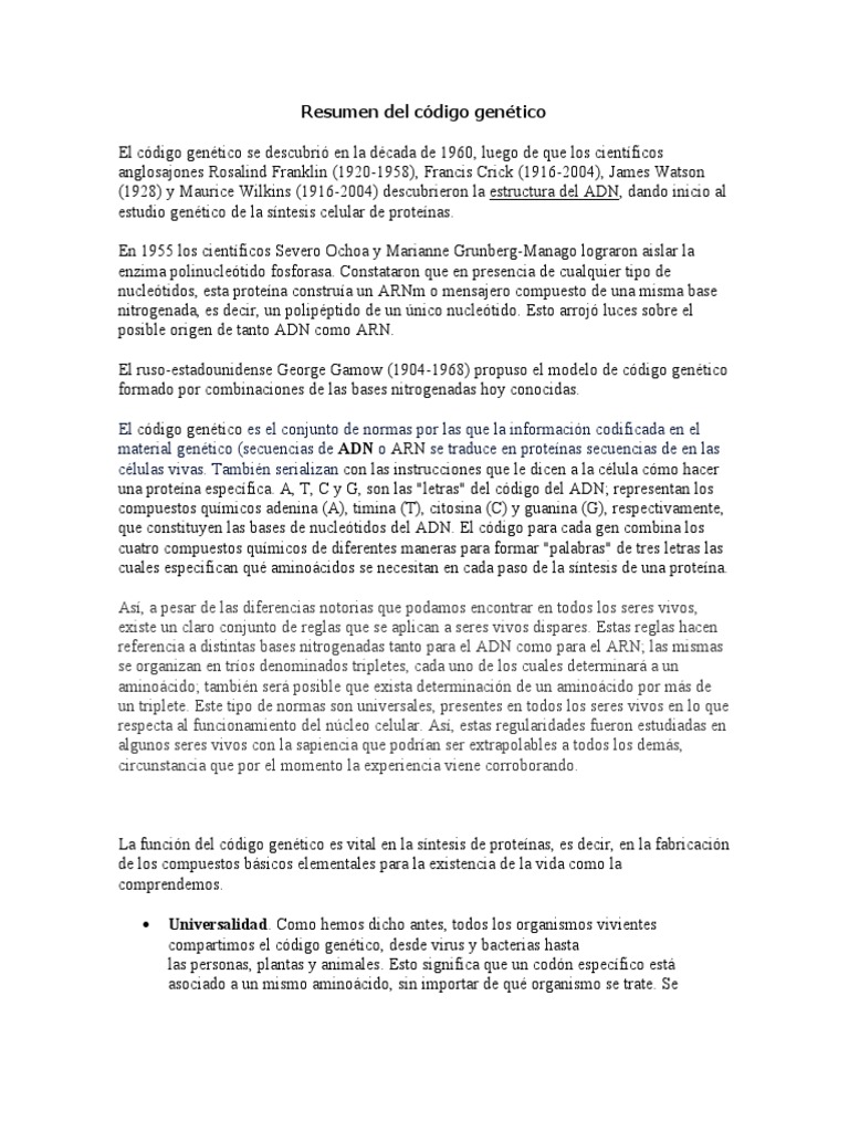 Código Genético: Descubrimiento y Función | PDF | Codigo genetico | Adn