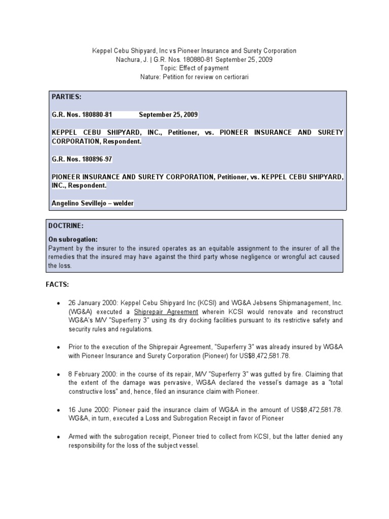 Keppel Cebu Shipyard, Inc Vs Pioneer Insurance and Surety Corporation ...