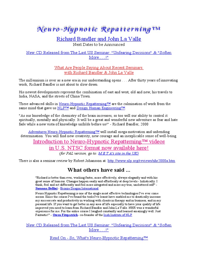 (NLP - Document) Richard Bandler and John La Valle NHR | PDF | Neuro ...