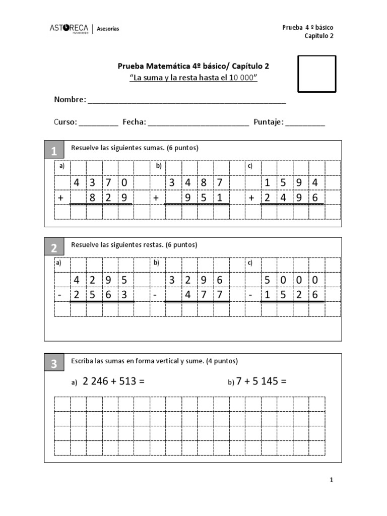 Prueba de Sumas y Restas 4º Básico | PDF | Enseñanza de matemática ...
