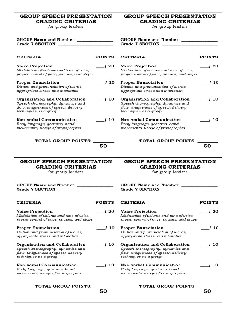 Grading Criteria For Speech | PDF | Gesture | Nonverbal Communication