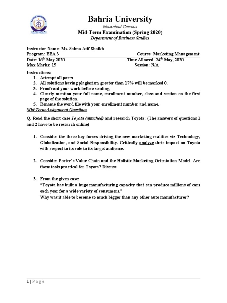 Bahria University BBA Marketing Exam 2020 | PDF | Career & Growth ...