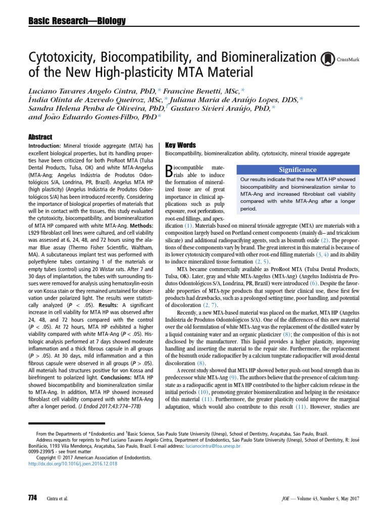 Cytotoxicity, Biocompatibility, and Biomineralization of The New High-Plasticity MTA Material ...