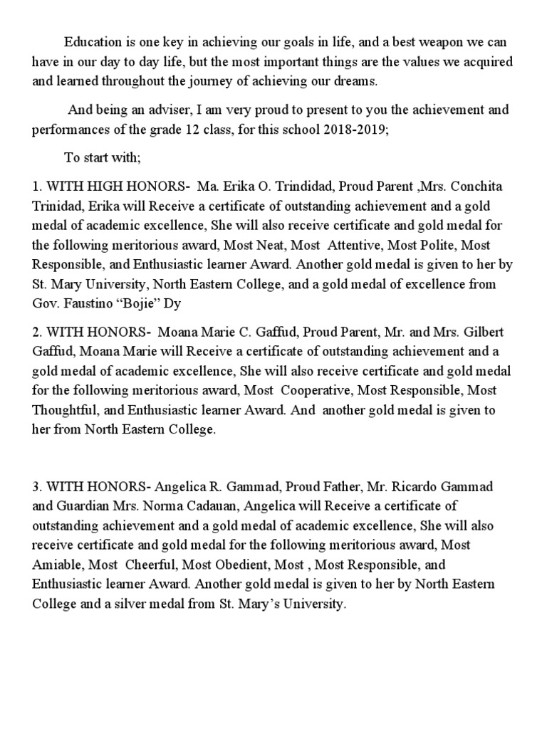 Recognition of Outstanding Students: 2018-2019 Grade 12 Class Awards ...