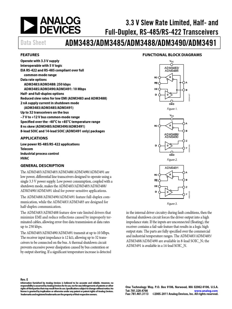 ADM3483/ADM3485/ADM3488/ADM3490/ADM3491: 3.3 V Slew Rate Limited, Half-And Full-Duplex, RS-485 ...