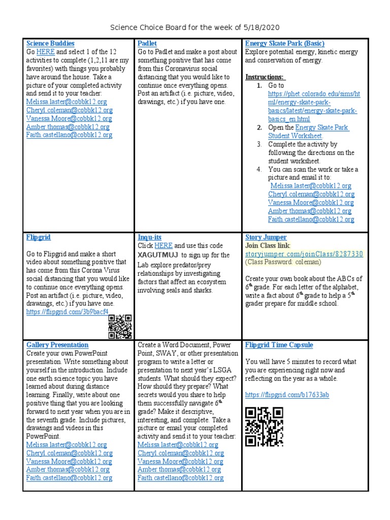 Science Choice Board End of Year | PDF | Learning