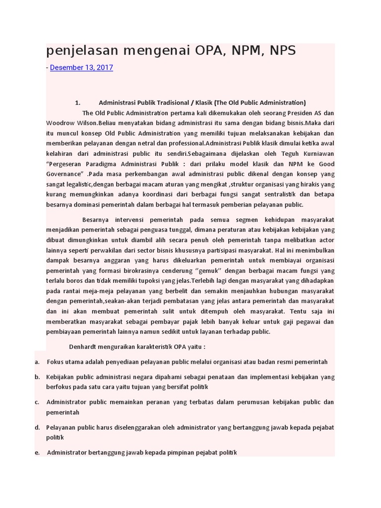Penjelasan Mengenai OPA, NPM, NPS: Desember 13, 2017 | PDF