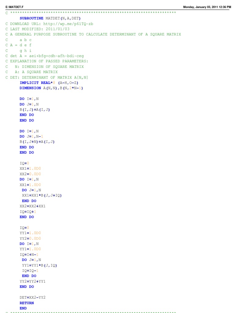 FORTRAN77 Subroutine To Calculate Matrix Determinant | PDF | Teaching ...