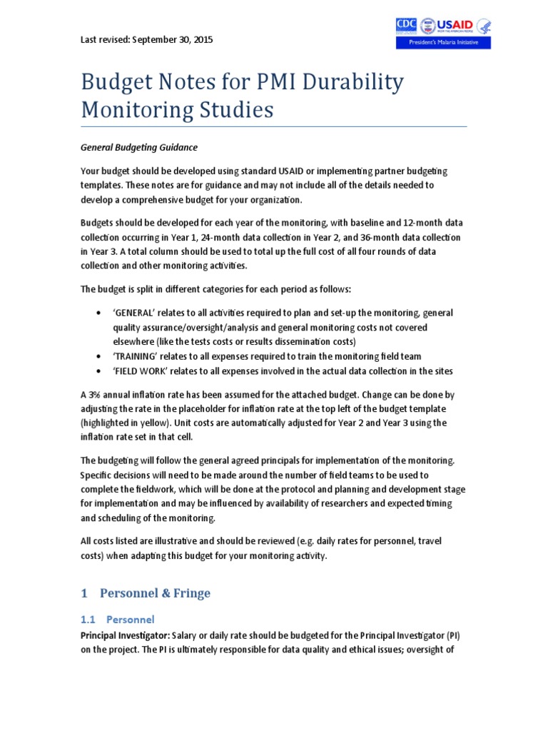Budget Notes For PMI Durability Monitoring Studies: General Budgeting ...