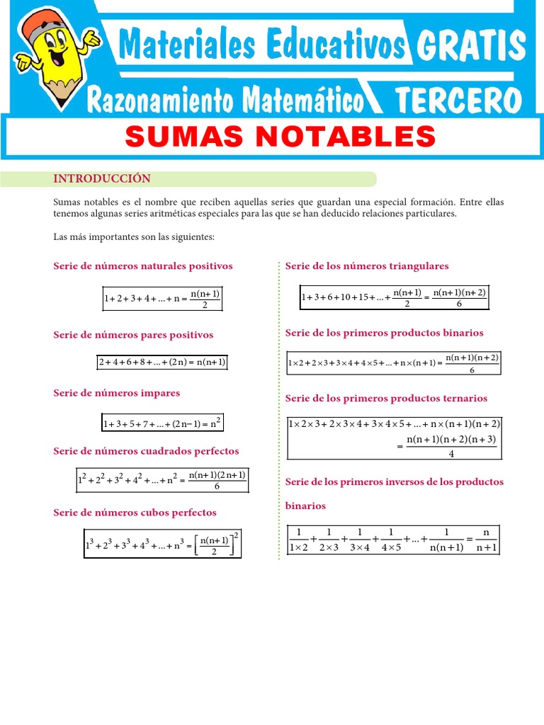Sumas Notables y Ejercicios Resueltos | PDF | Matemática Elemental ...