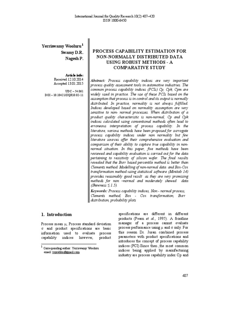 Process Capability Estimation For Non-Normally Dis | PDF | Skewness | Standard Deviation