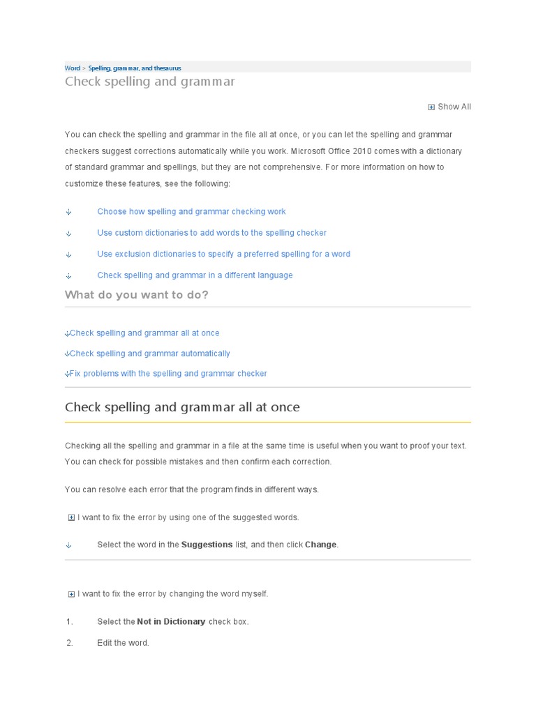 Checking Spelling and Grammar in Office | PDF | Microsoft Office 2010 ...