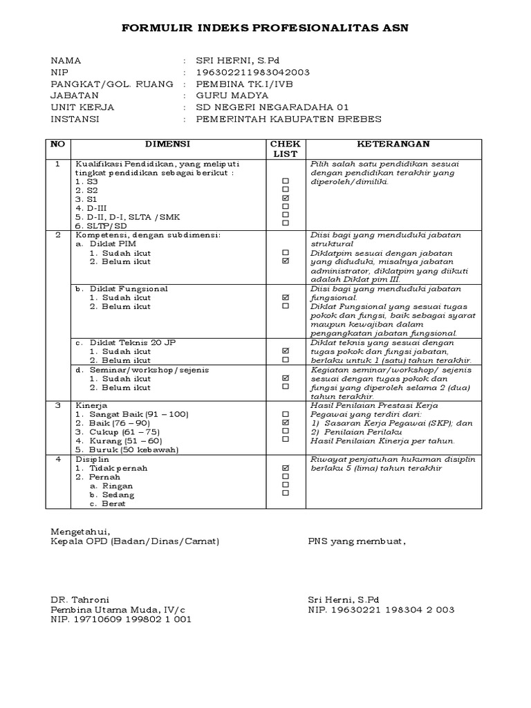 FORMULIR INDEKS PROFESIONALITAS ASN - SDN Neg 01 2019 | PDF