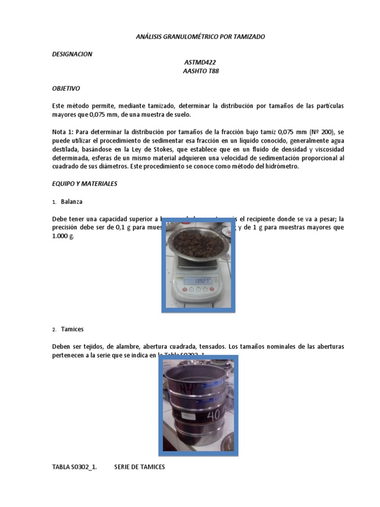 Análisis Granulométrico Por Tamizado (ASTM D422 AASHTO T88) | PDF ...
