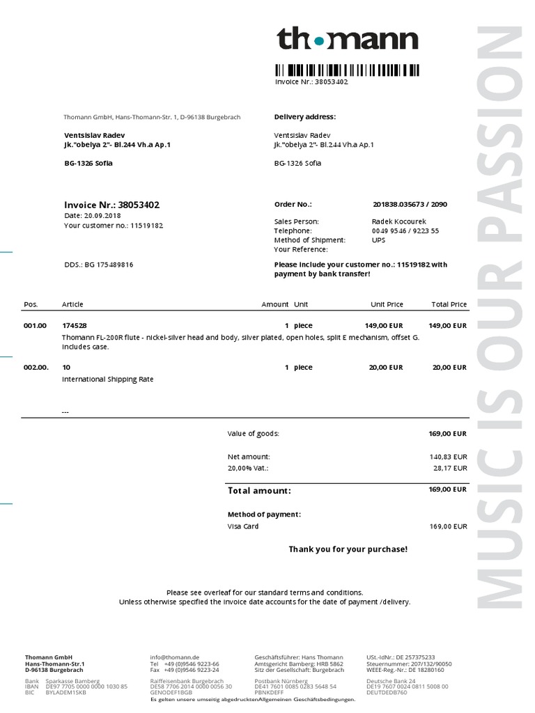 Invoice for the sale of a flute and international shipping to a ...