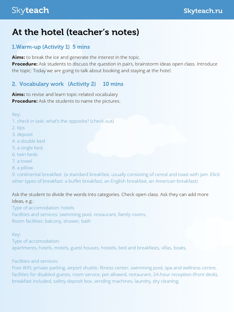 Hotel English Lesson Plan | PDF | Hotel | Vocabulary