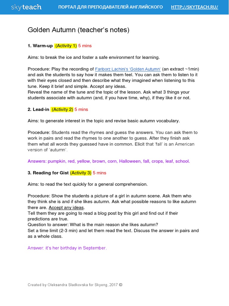 Golden Autumn (Teacher's Notes) : 1. Warm-Up (Activity 1) | PDF ...