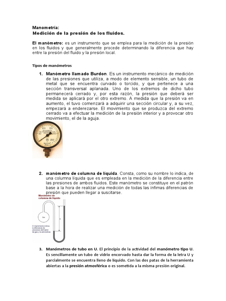 Manometría y Tipos de Manometros | PDF | Medida de presión | Gases