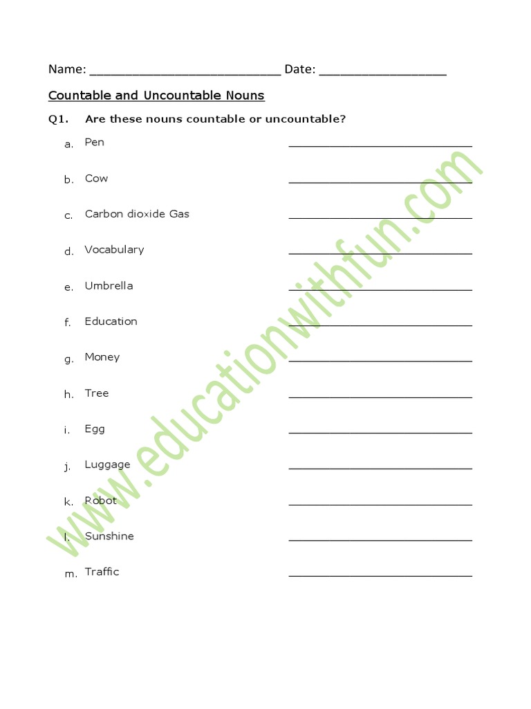 Countable and Uncountable Nouns Worksheet 2 PDF | PDF
