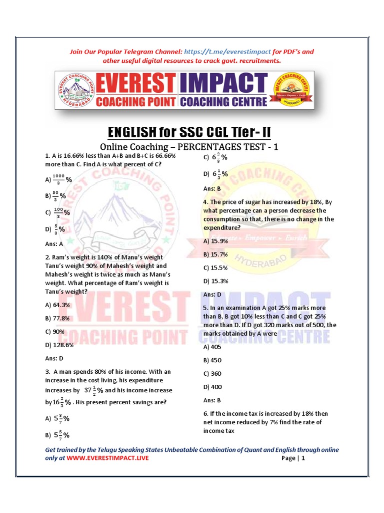 PERCENTAGES TEST - 1 For SSC | PDF | Fraction (Mathematics) | Percentage