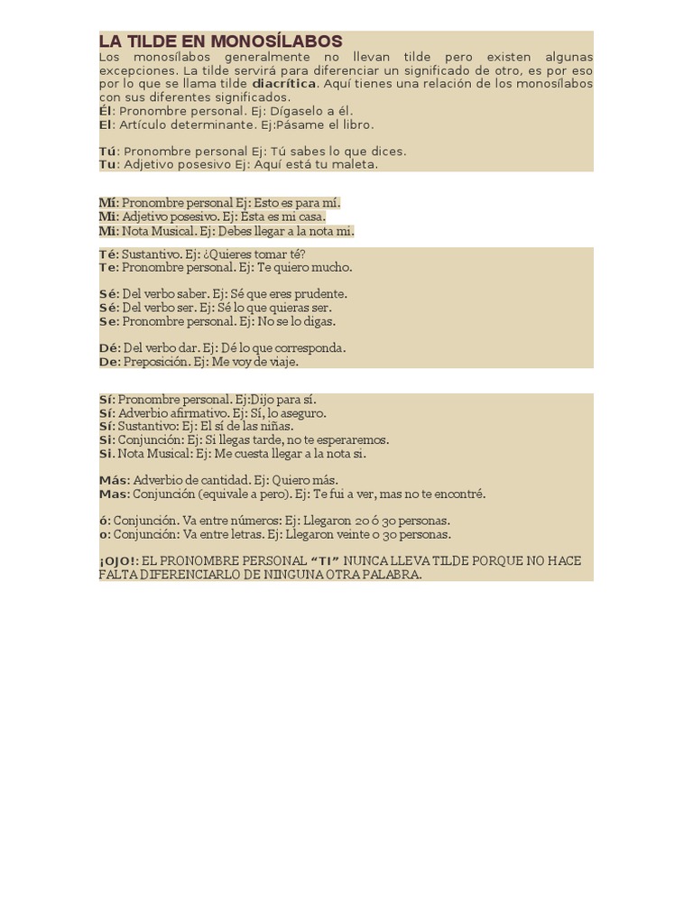 Tilde Diacrítica en Monosílabos | PDF | Artes del Lenguaje y Comunicación