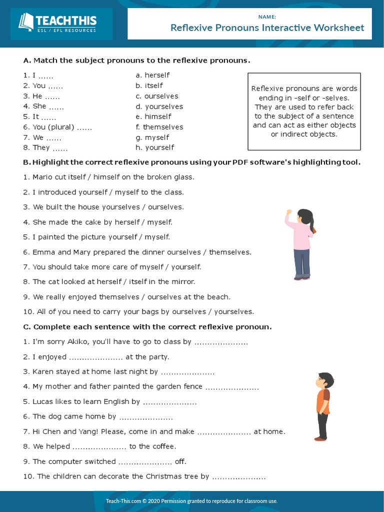 Reflexive Pronouns Interactive Worksheet | PDF | English As A Second Or ...