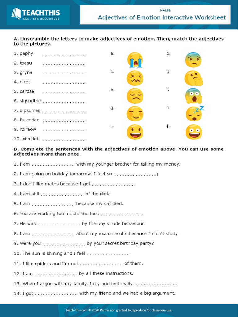 Adjectives of Emotion Interactive Worksheet | PDF | English As A Second ...