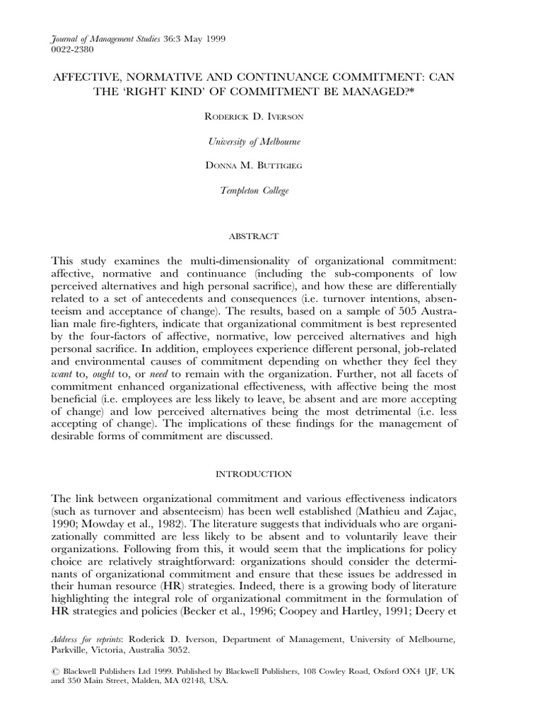 Meyer 1999 Affective Normative And Continuance Commitment Can The Right Kind Of