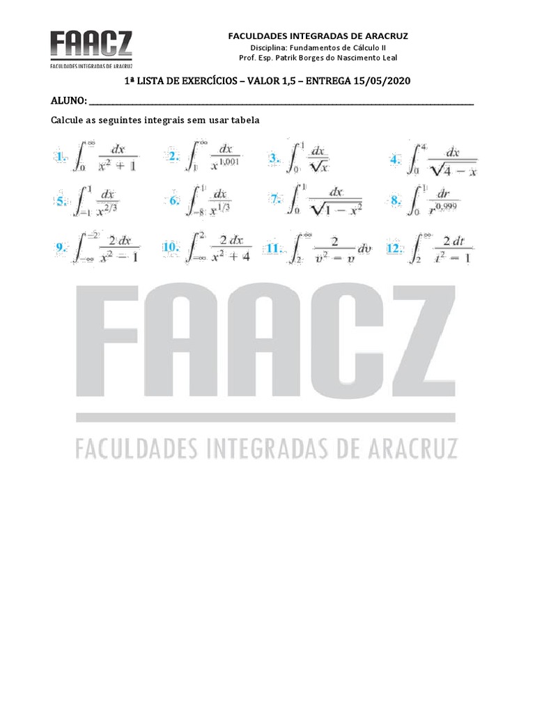 Lista de Exercícios 1 - Integrais Impróprias | PDF