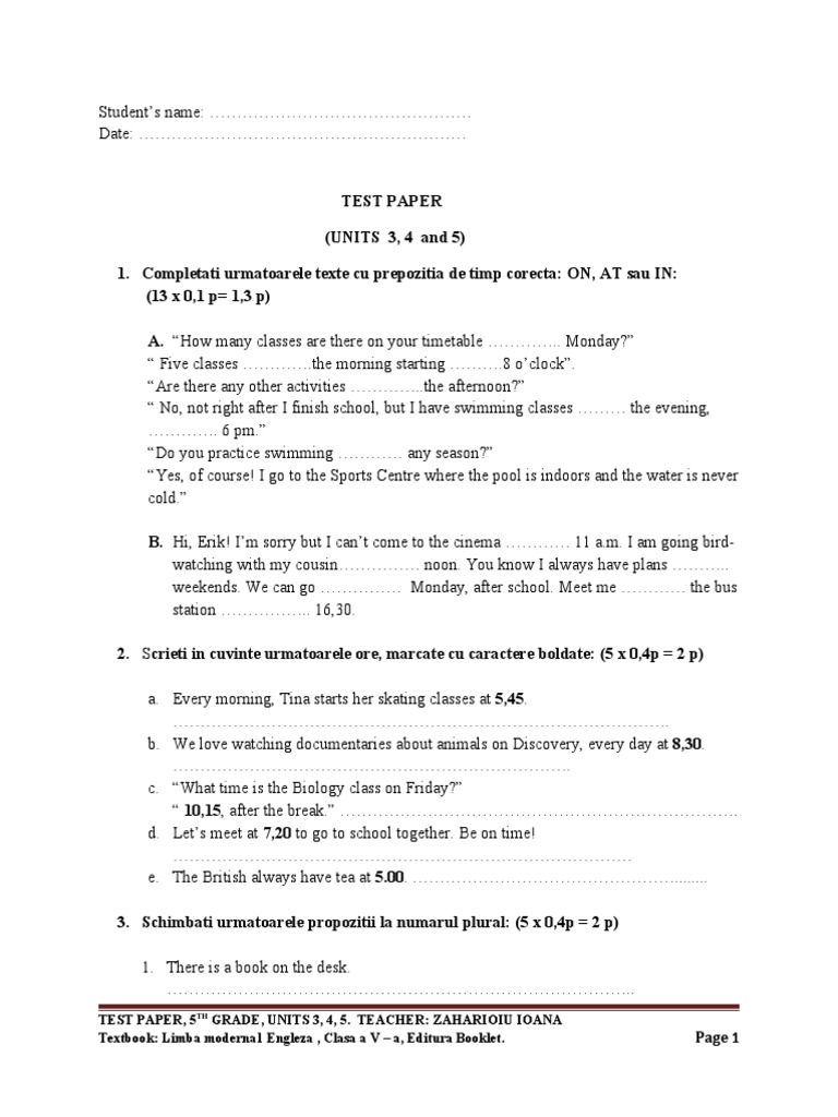 Test Paper, 5 Grade, Units 3, 4, 5. Teacher: Zaharioiu Ioana Textbook ...