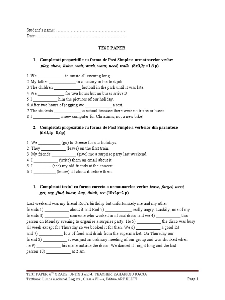 Completati Propozitiile Cu Forma de Past Simple A Urmatoarelor Verbe | PDF