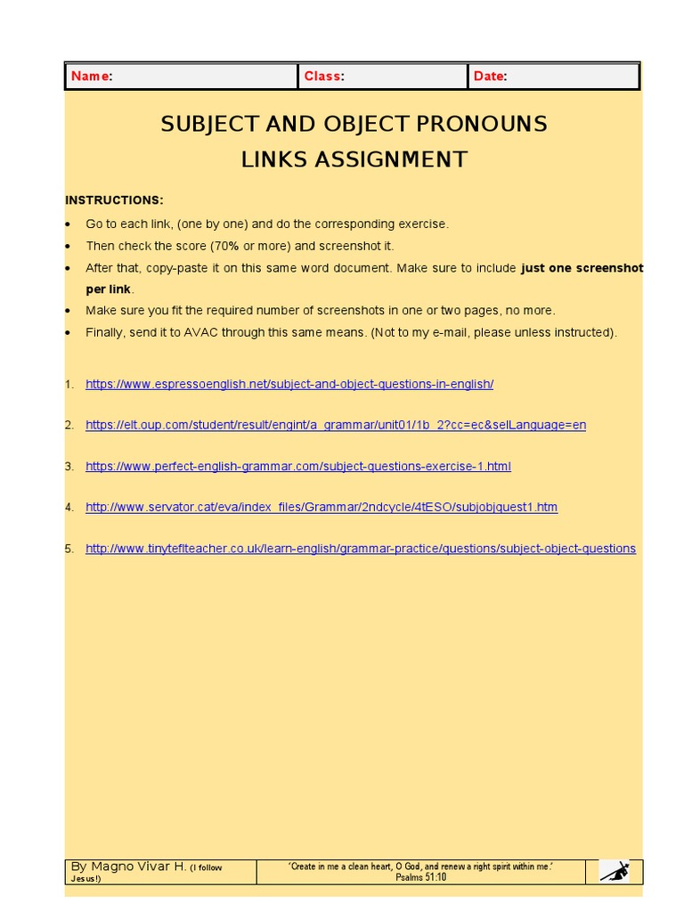 Mastering Subject and Object Pronouns: A Document Detailing Links to ...