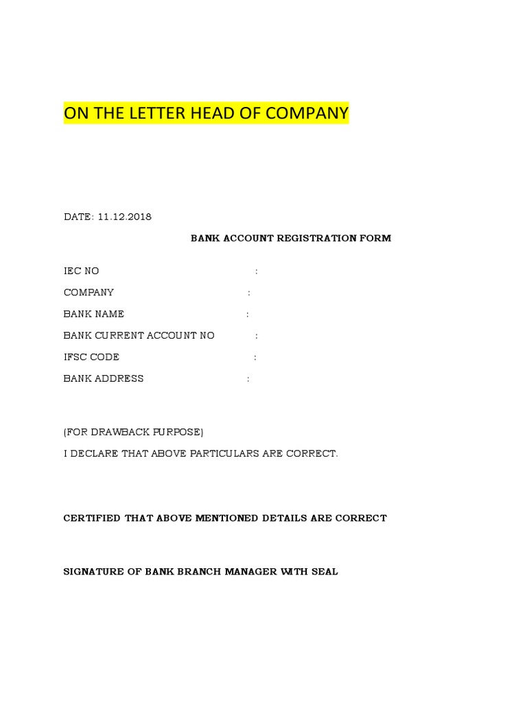 On The Letter Head of Company: Bank Account Registration Form | PDF