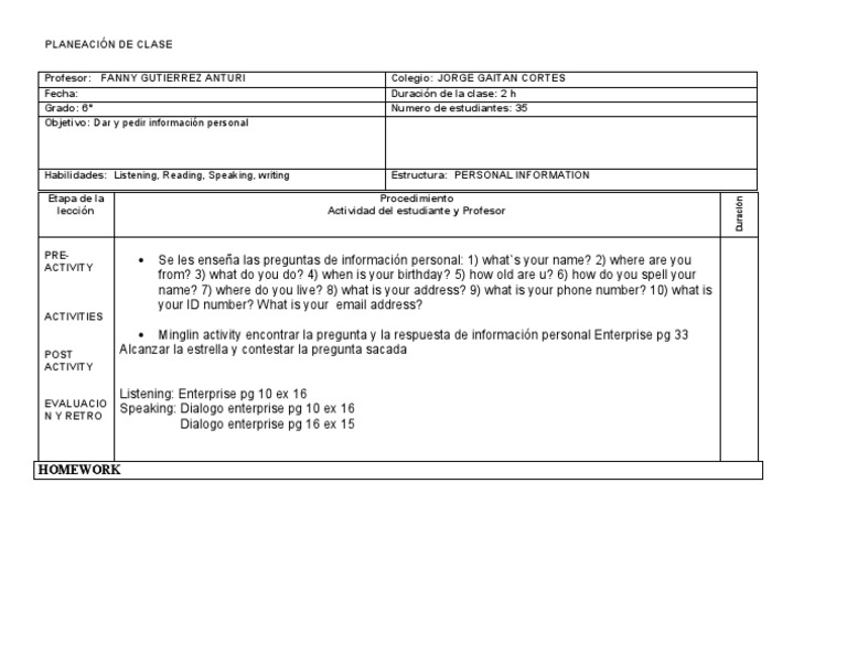 Lesson Plan Personal Information | PDF