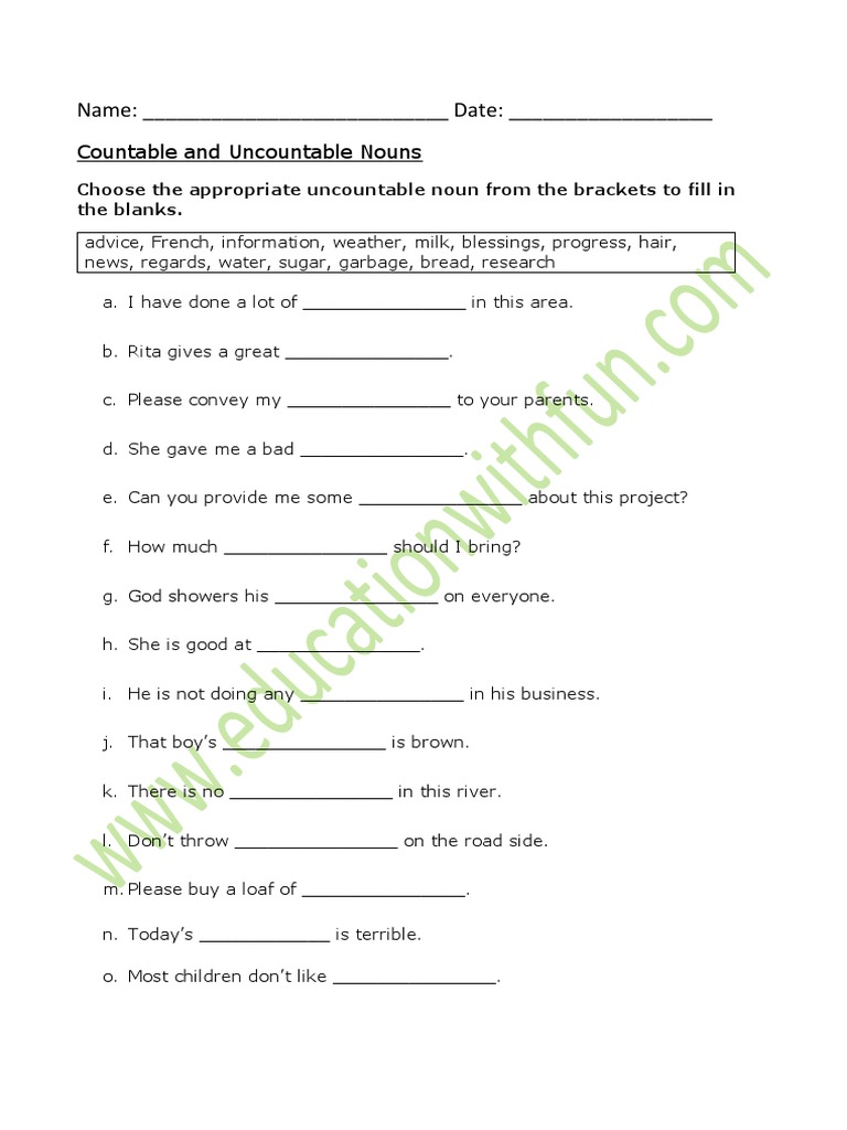 Countable and Uncountable Nouns Worksheet 5 | PDF