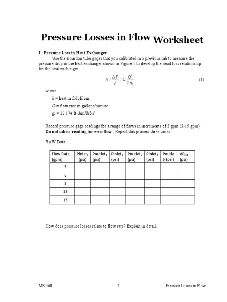 Worksheet - Pressure Losses and Pump Performance Worksheet | PDF | Flow ...