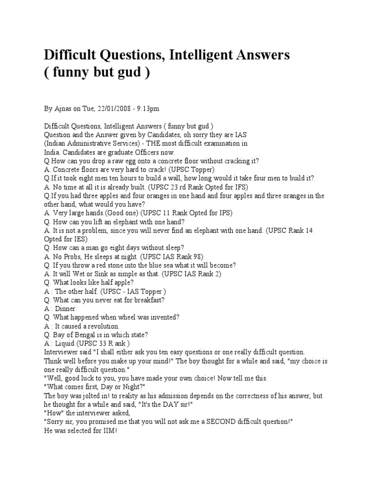 Difficult Questions, Intelligent Answers (Funny But Gud) | PDF | Sports ...