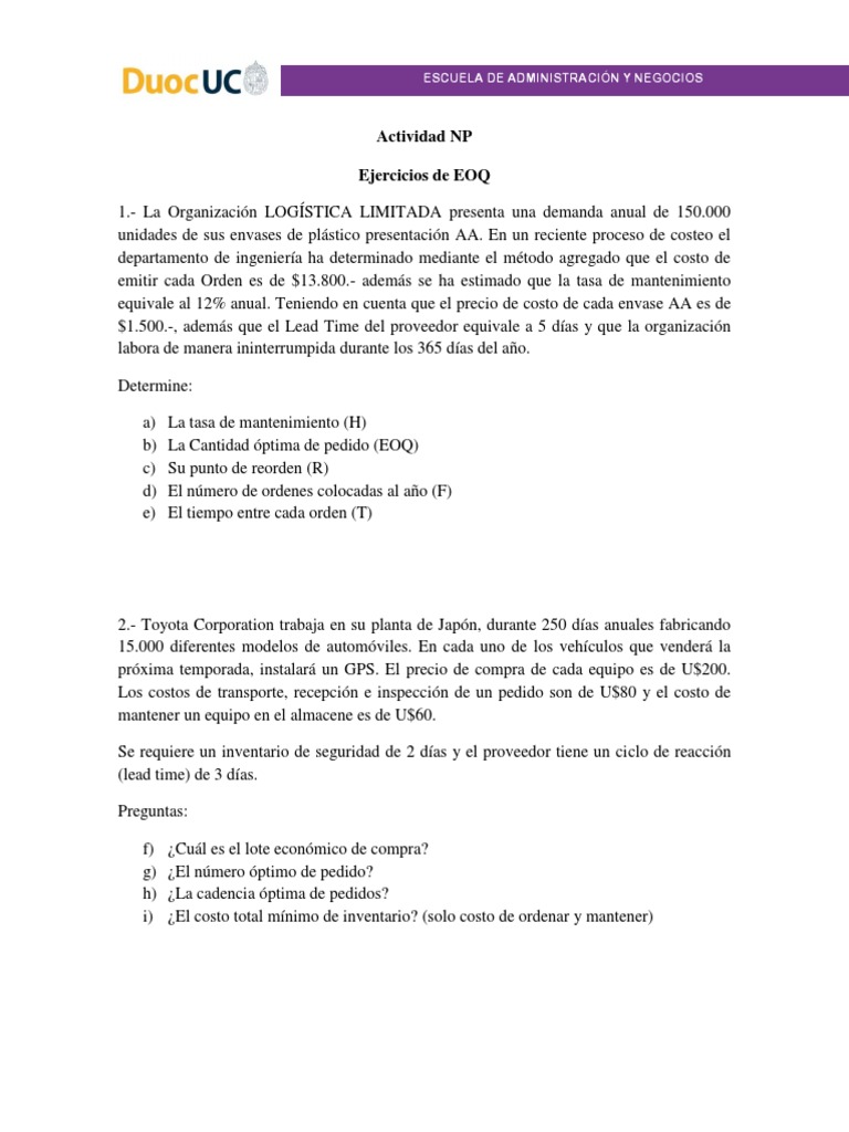 6-Guía de Ejercicios EOQ | PDF | Inventario | Business