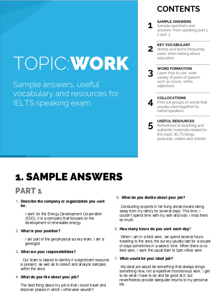Topic:Work: Sample Answers, Useful Vocabulary and Resources For IELTS ...