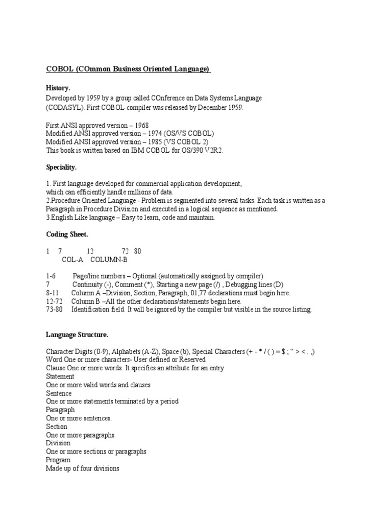 Cobol Common Business Oriented Language History Pdf Subroutine