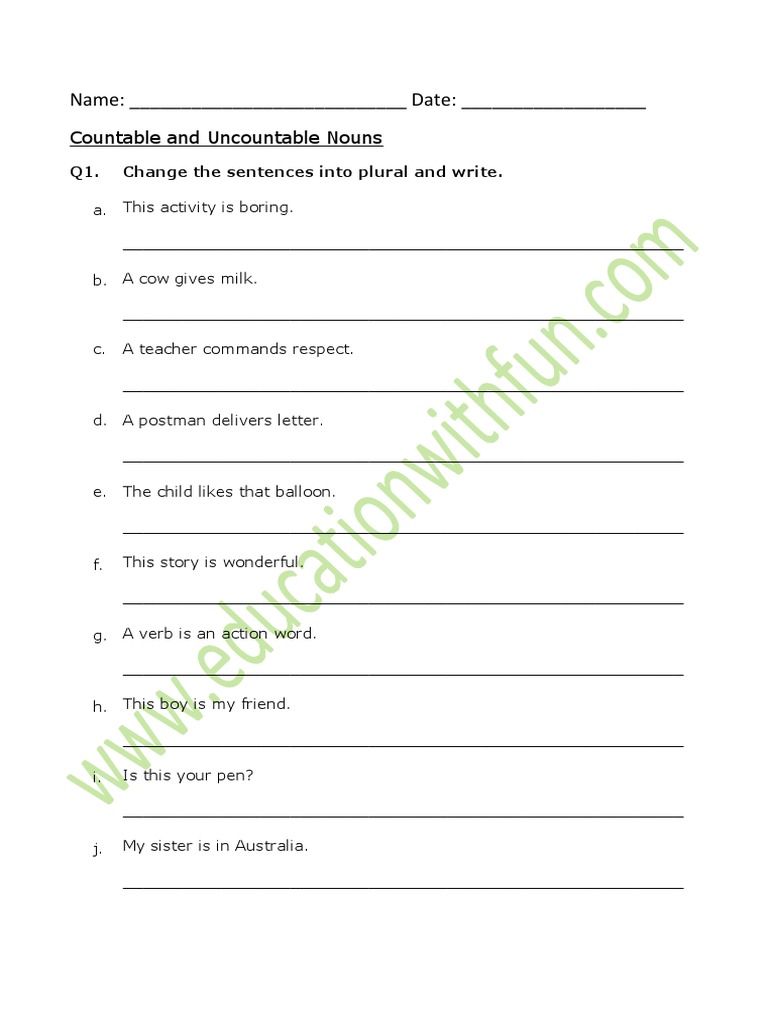 Countable and Uncountable Nouns Worksheet 1 PDF | PDF