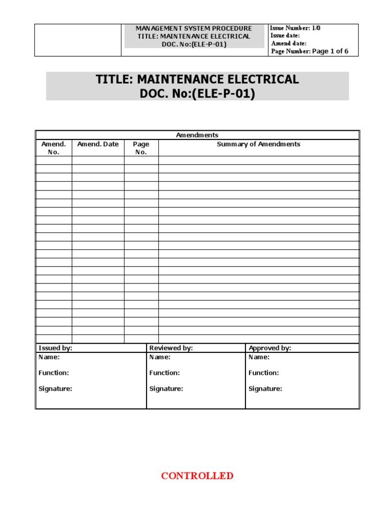 Title: Maintenance Electrical DOC. No: (ELE-P-01) : Controlled | PDF ...
