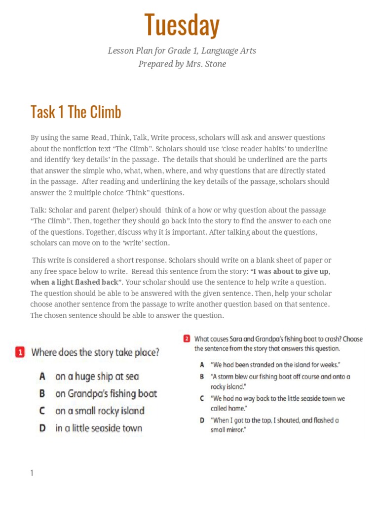 Task 1 The Climb: Lesson Plan For Grade 1, Language Arts Prepared by ...