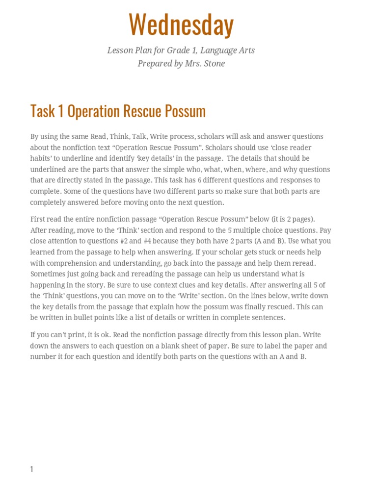 Task 1 Operation Rescue Possum: Lesson Plan For Grade 1, Language Arts ...