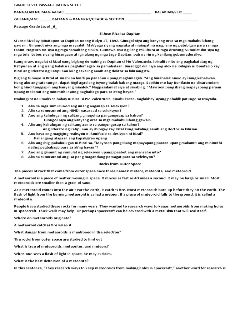 Grade Level Passage Rating Sheet | PDF
