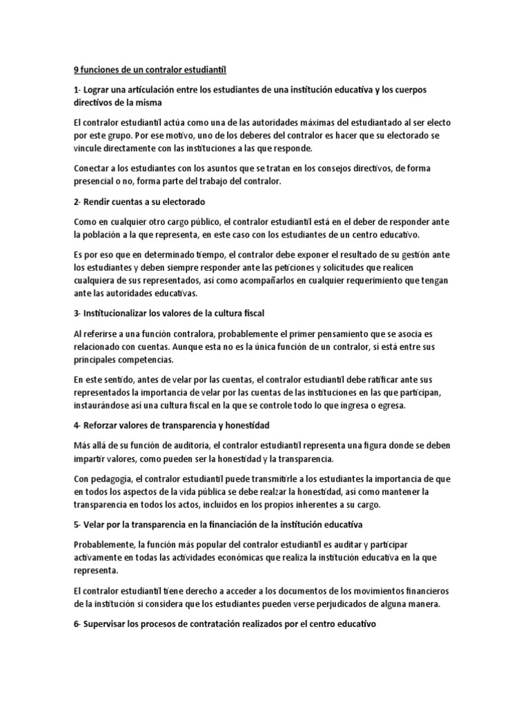 9 Funciones de Un Contralor Estudiantil | PDF | Responsabilidad ...