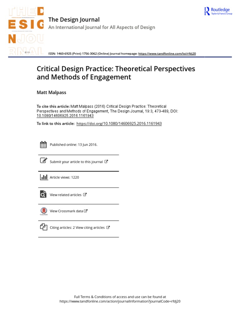 Critical Design Practice Theoretical Perspectives and Methods of ...