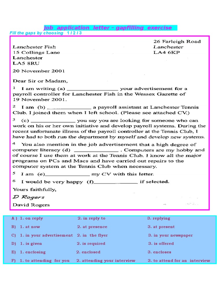Job Application Letter Gap-Filling Exercise | PDF