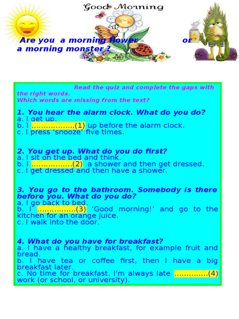 Are You A Morning Flower or A Morning Monster-Quiz and Gapfilling With ...
